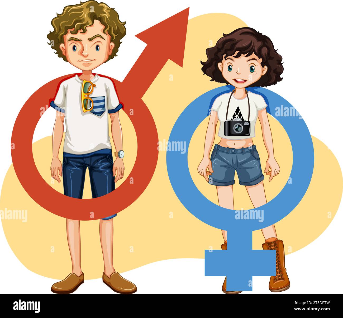 Vector cartoon illustration of teenage boy and girl with gender symbols ...