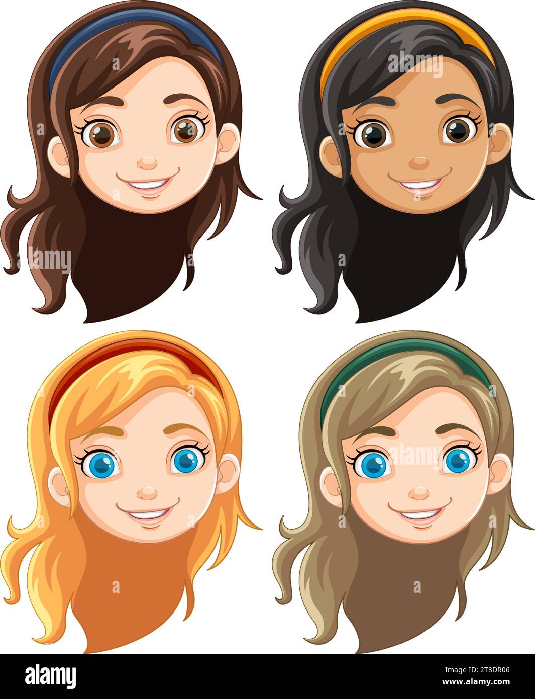 Vector cartoon illustrations of smiling girls with long hair in various ...
