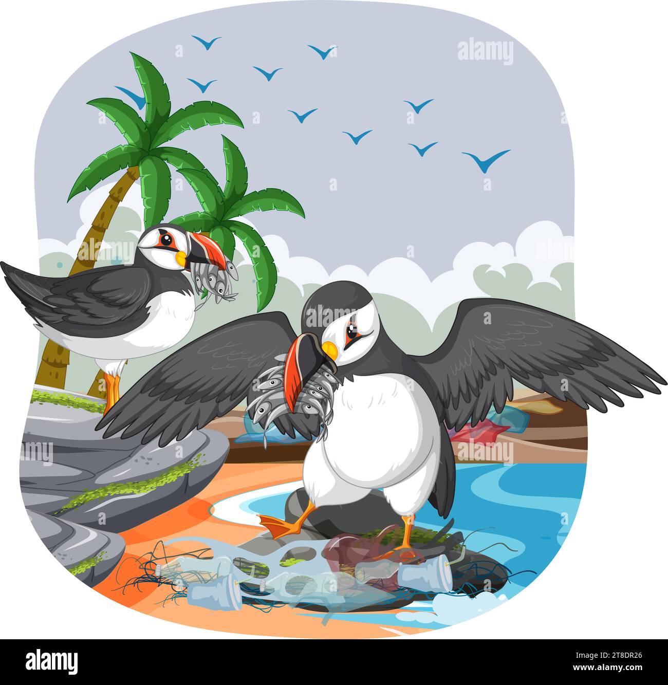 A cartoon illustration of a puffin bird surrounded by plastic pollution ...