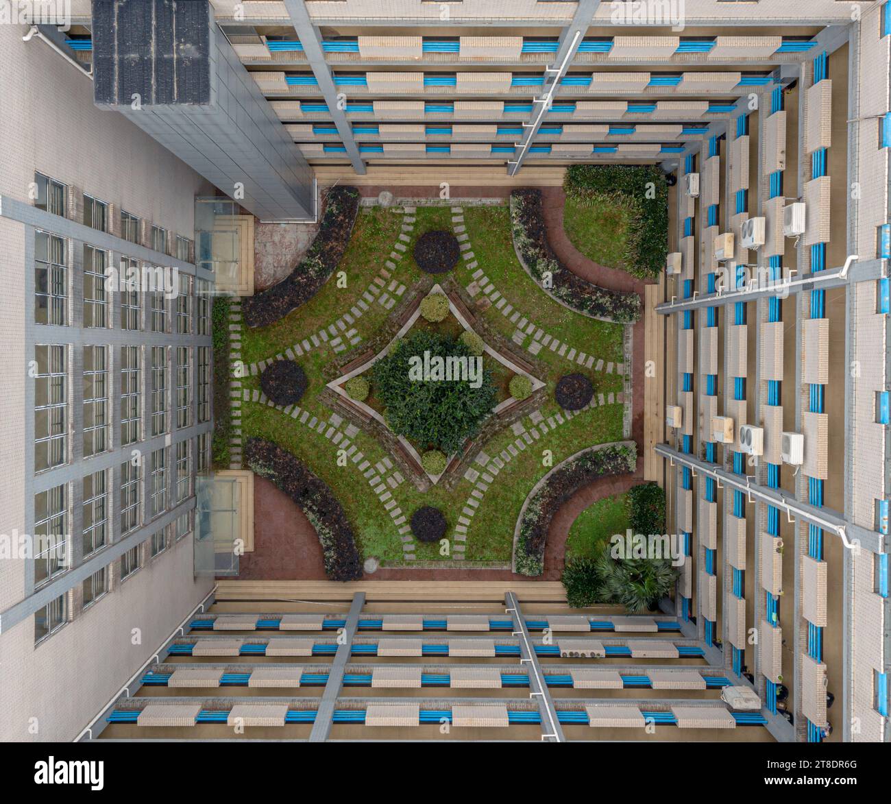 An aerial view of a small garden in the atrium of a high-tech company ...