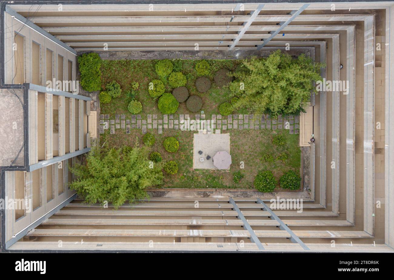 An aerial view of a small garden in the atrium of a high-tech company ...
