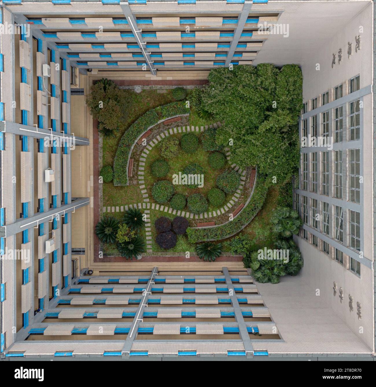 An aerial view of a small garden in the atrium of a high-tech company ...