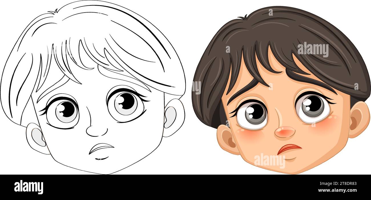 Vector cartoon illustration of a sad boy with a doodle outline, perfect ...