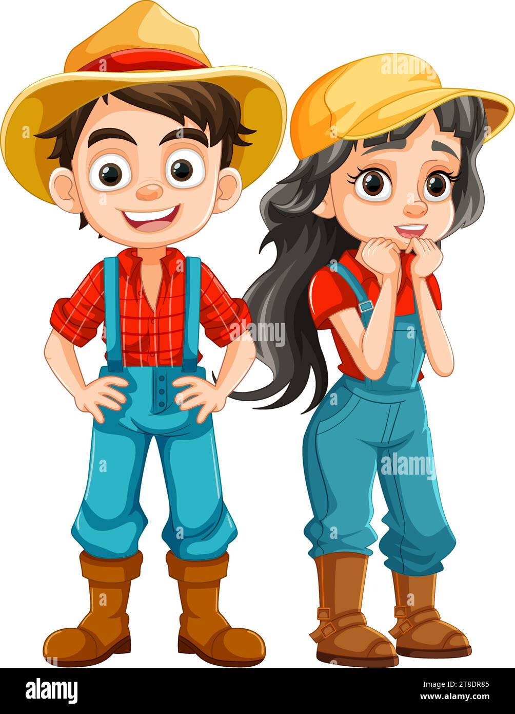 Cute farmer couple wearing caps and denim overalls in a cartoon ...