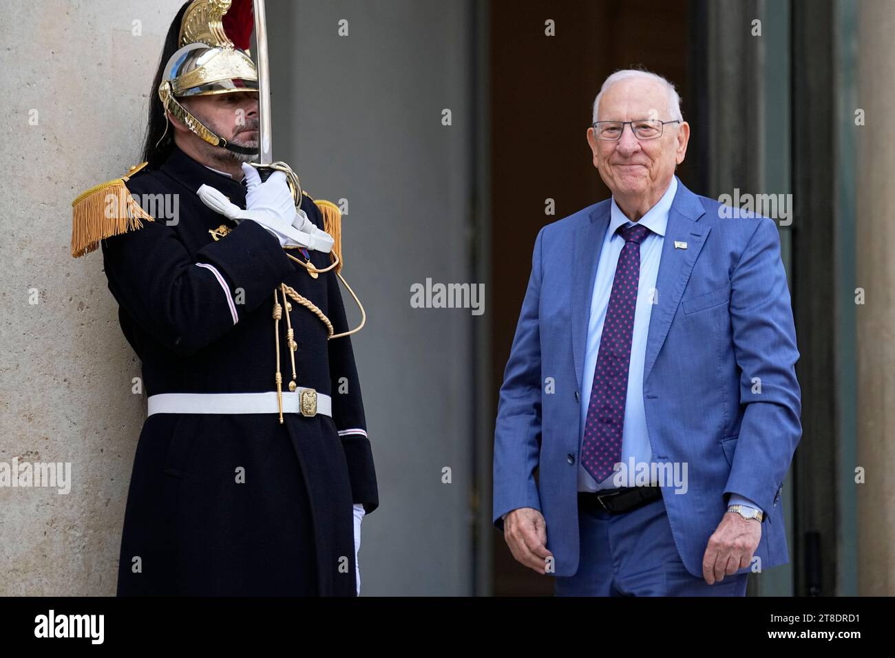 Former Israeli President Reuven Rivlin poses for photographers before his talks with French ...