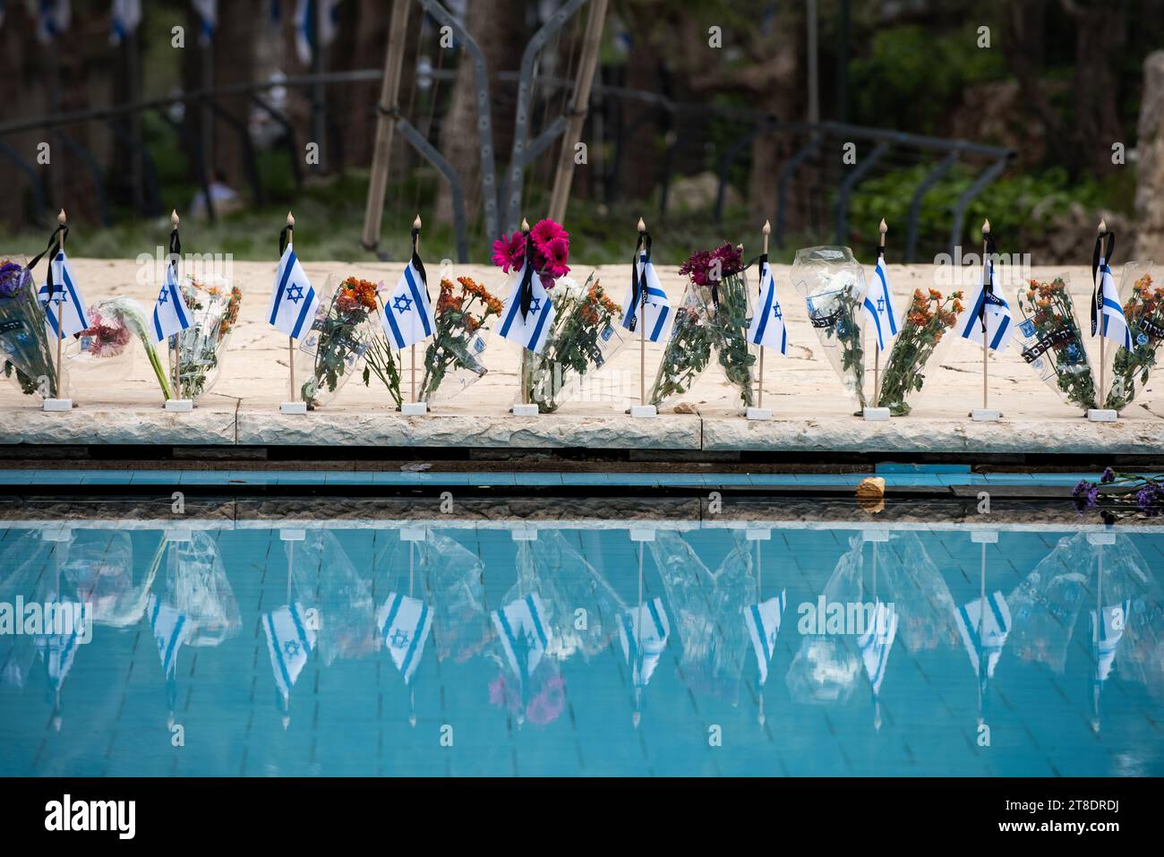 Israeli flags line the pool built as a memorial on Mount Herzl in ...