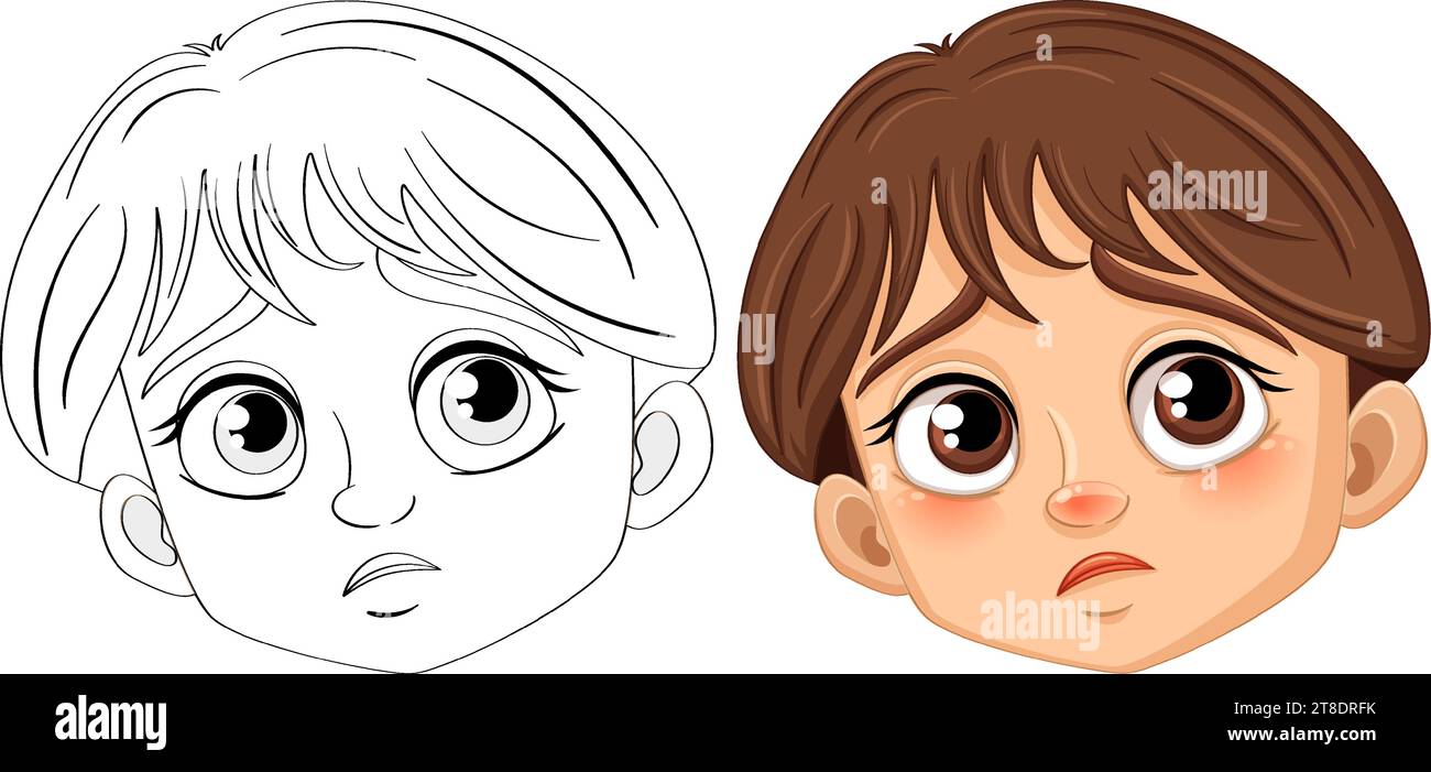 A vector cartoon illustration of a sad boy with a doodle outline ...