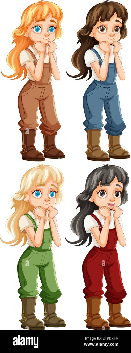 A set of cute cartoon characters wearing different colored overalls ...