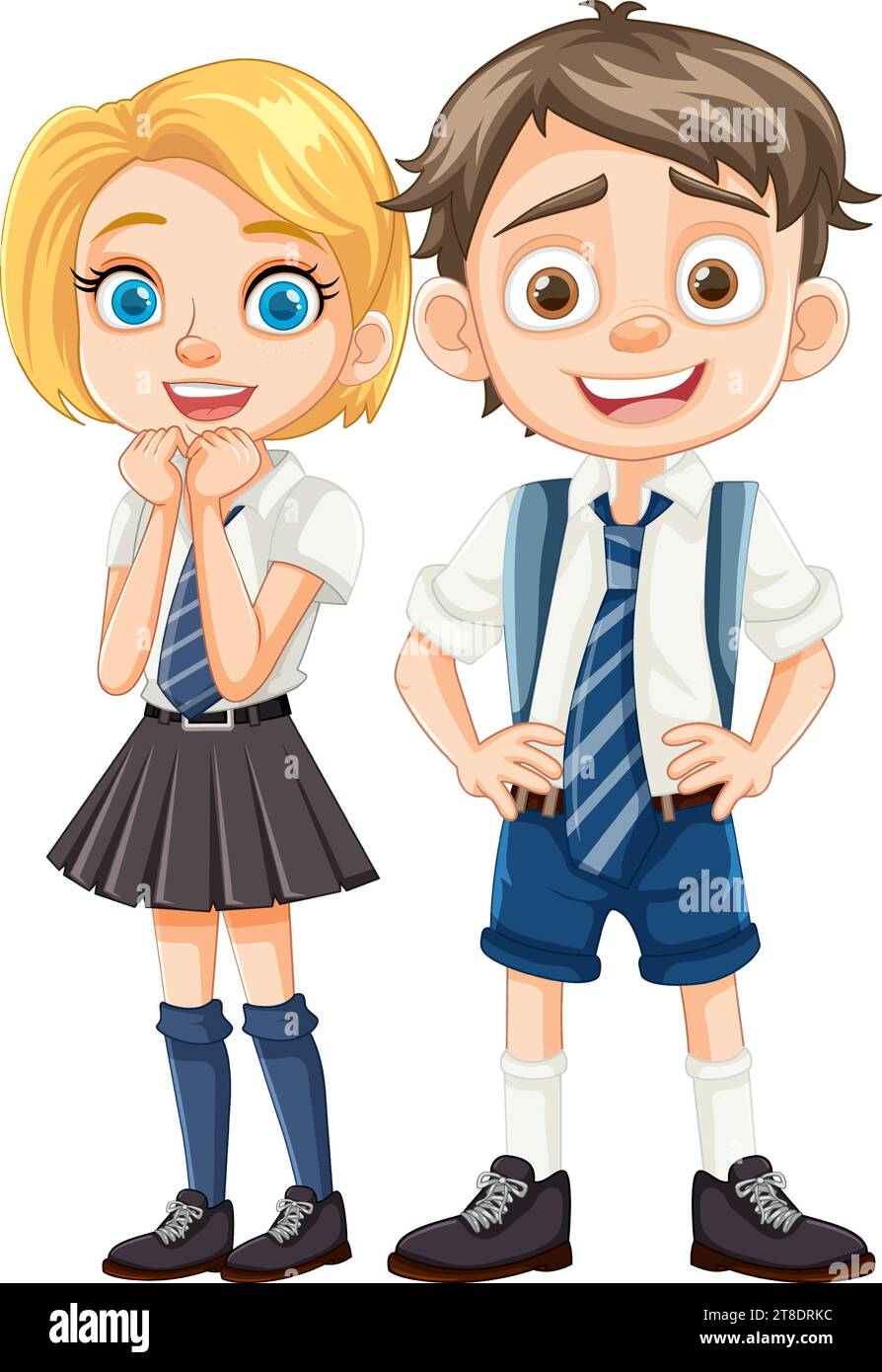 Vector cartoon illustration of two students, a boy and a girl, wearing school uniforms Stock ...