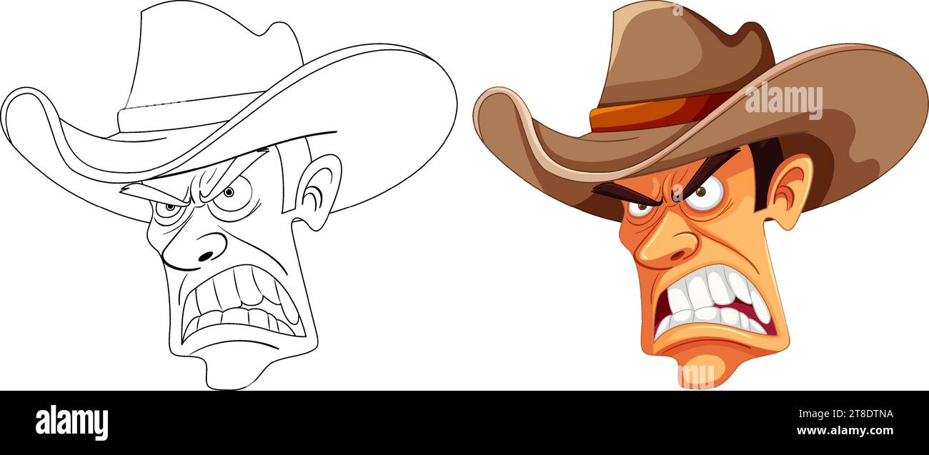 A vector illustration of an angry cowboy wearing a hat, with a doodle ...