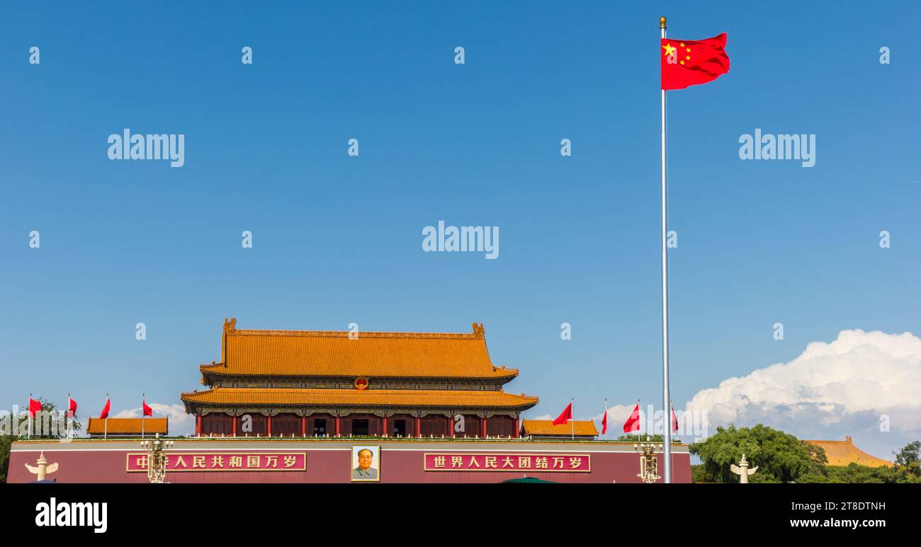 Chinese national flag in front of the Forbidden city in Beijing, China ...
