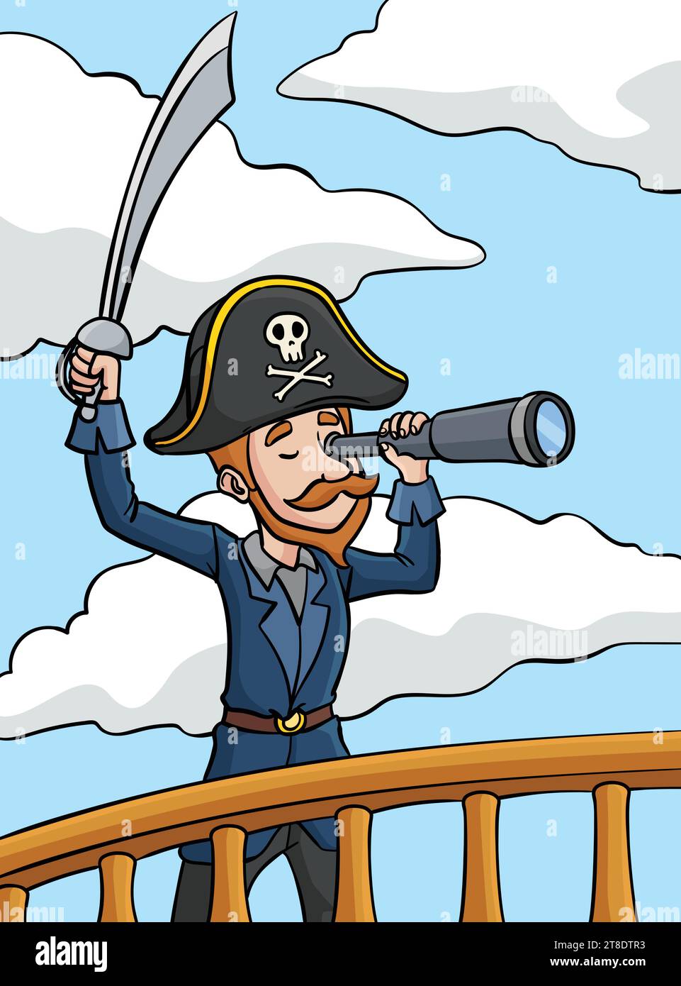 Pirate Holding Sword and Telescope Colored Cartoon Stock Vector Image ...