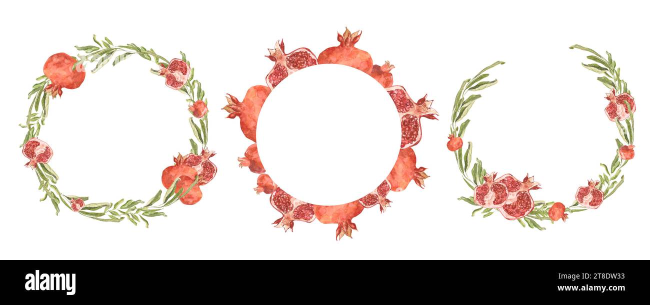Set of watercolor wreaths made of pomegranates. Hand drawn round ...
