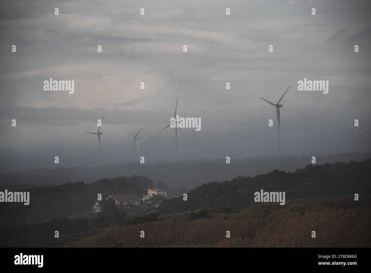 beautiful wind turbine in the morning mist Stock Photo - Alamy