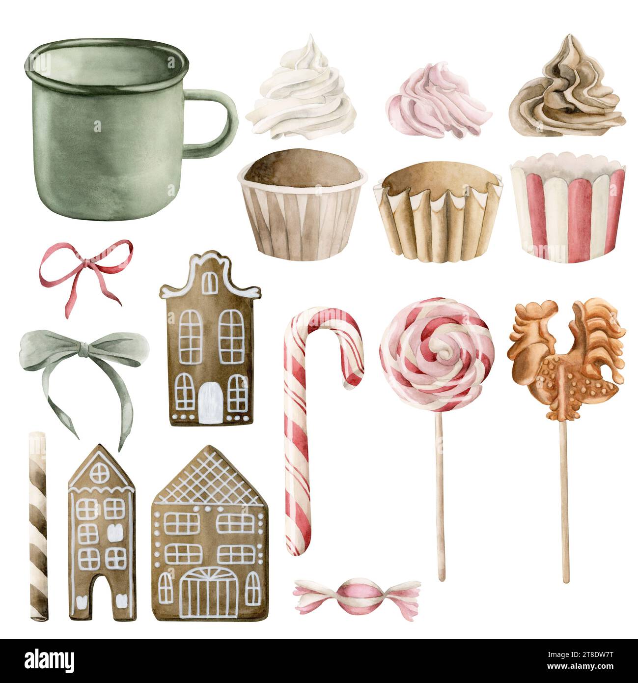 Christmas candy set: cupcakes, coocies, gingerbread houses, lollipop ...