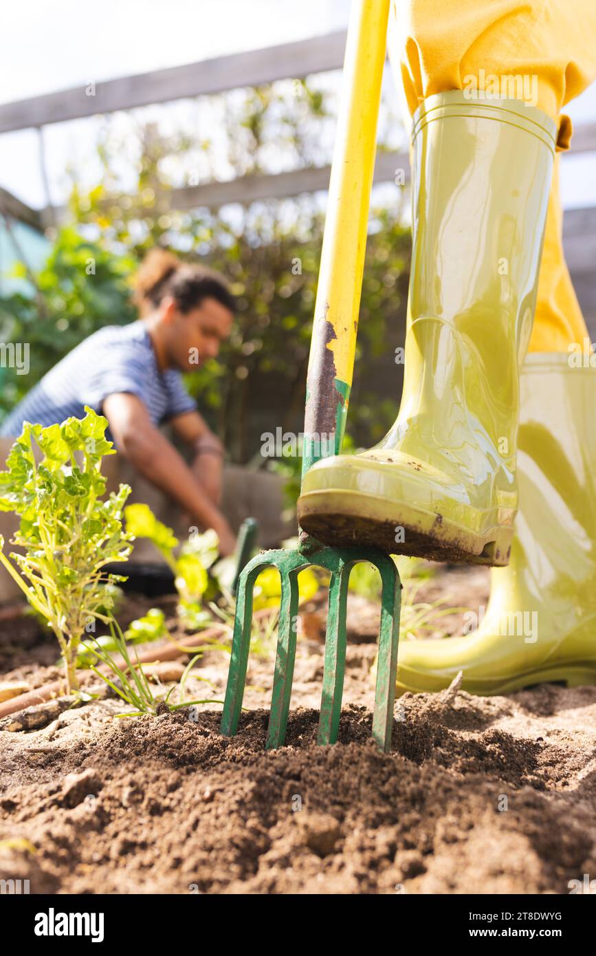 Legs of blonde caucasian woman loosening soil with fork in sunny ...
