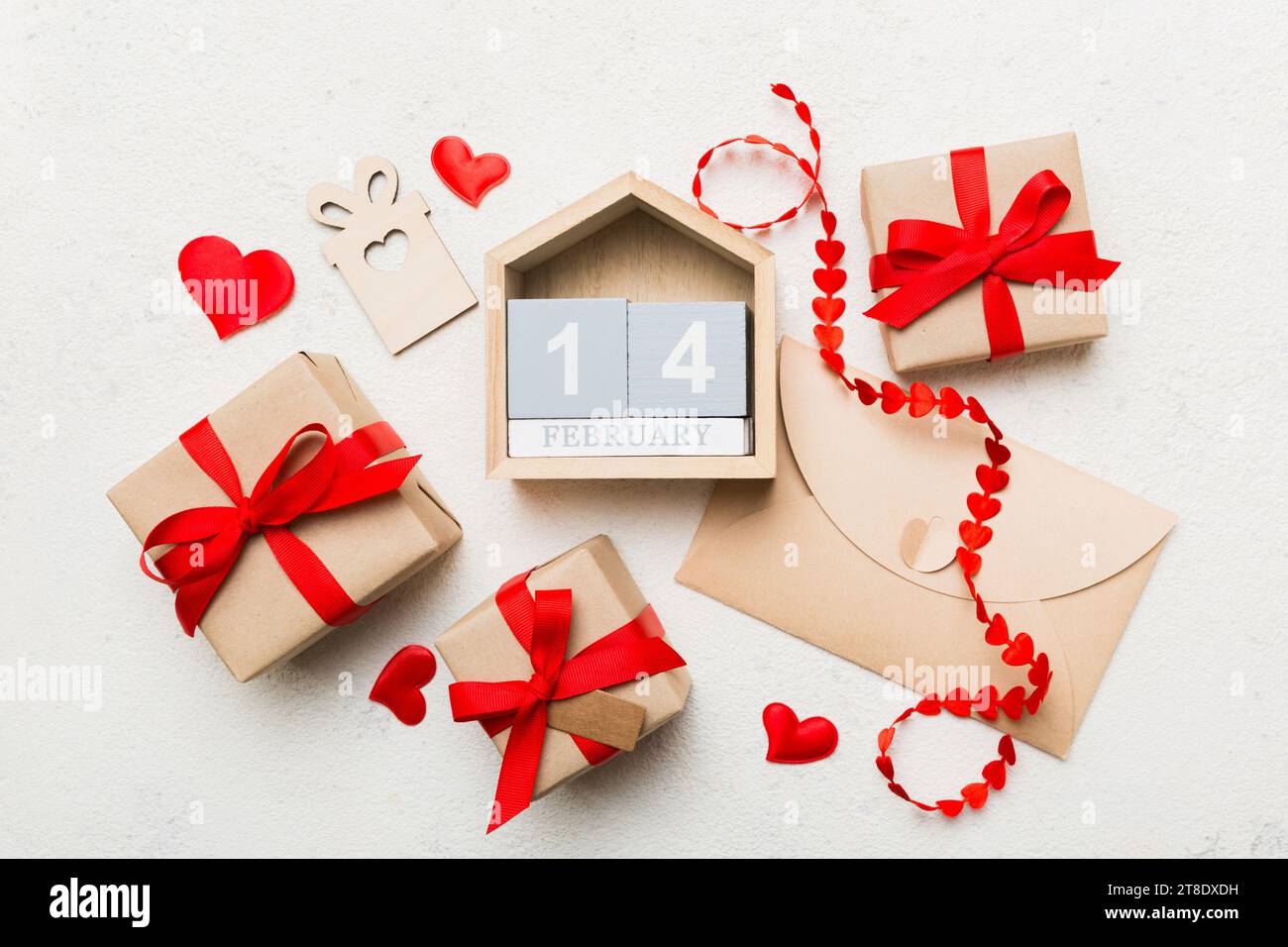 Valentine Day theme with wooden block calendar. Greeting card template ...