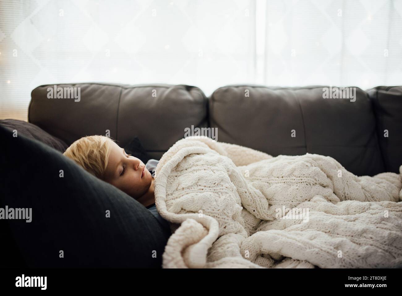 Side view of little boy napping on gray couch with white blanket Stock ...