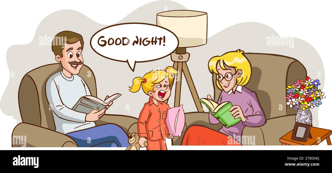 sleepy yawning kids and parents good night cartoon vector Stock Vector ...