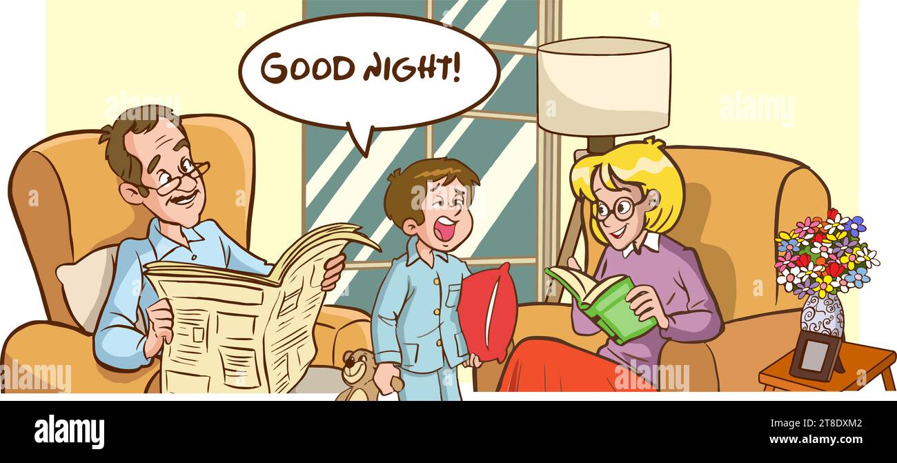 sleepy yawning kids and parents good night cartoon vector Stock Vector ...