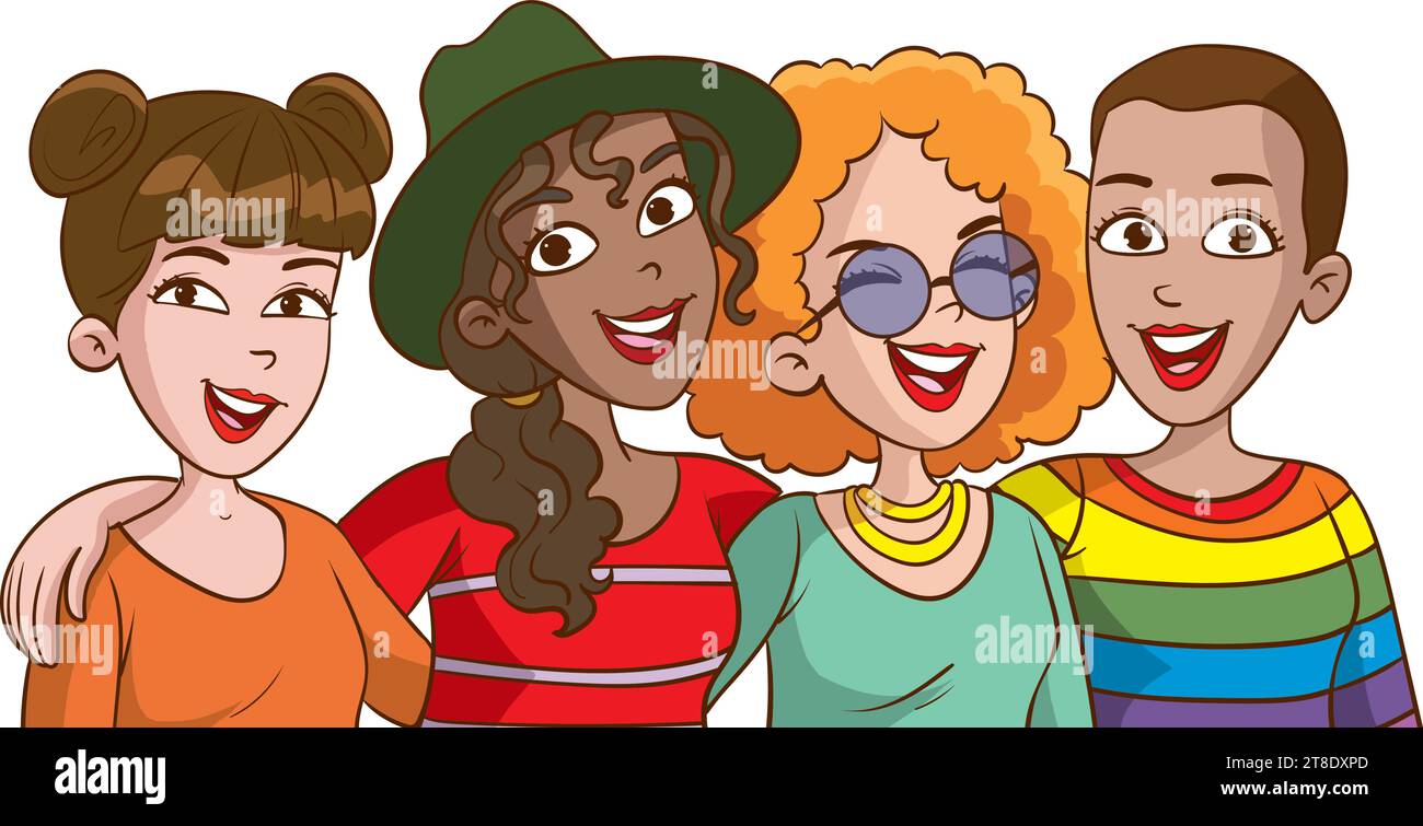 potrait of group multiculturel woman together feminist cartoon vector ...