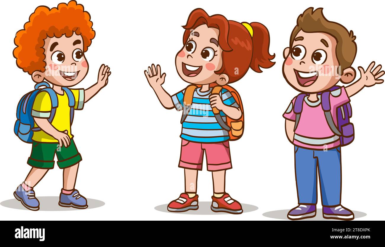little kids say hello to friend and go to school together Stock Vector ...