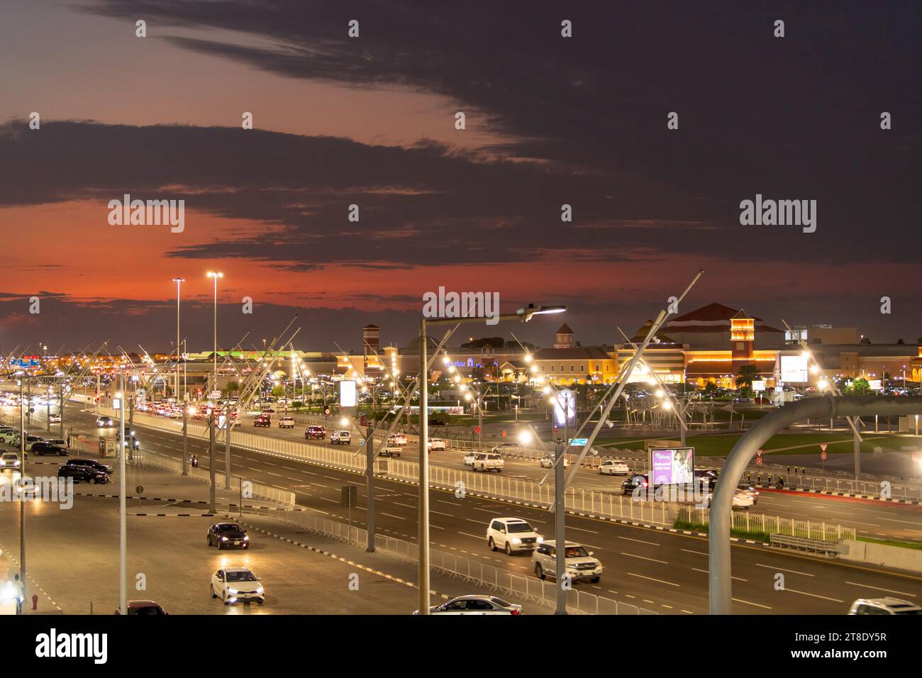 Doha, Qatar - November 16, 2023: Doha Roads and traffic light trail at ...