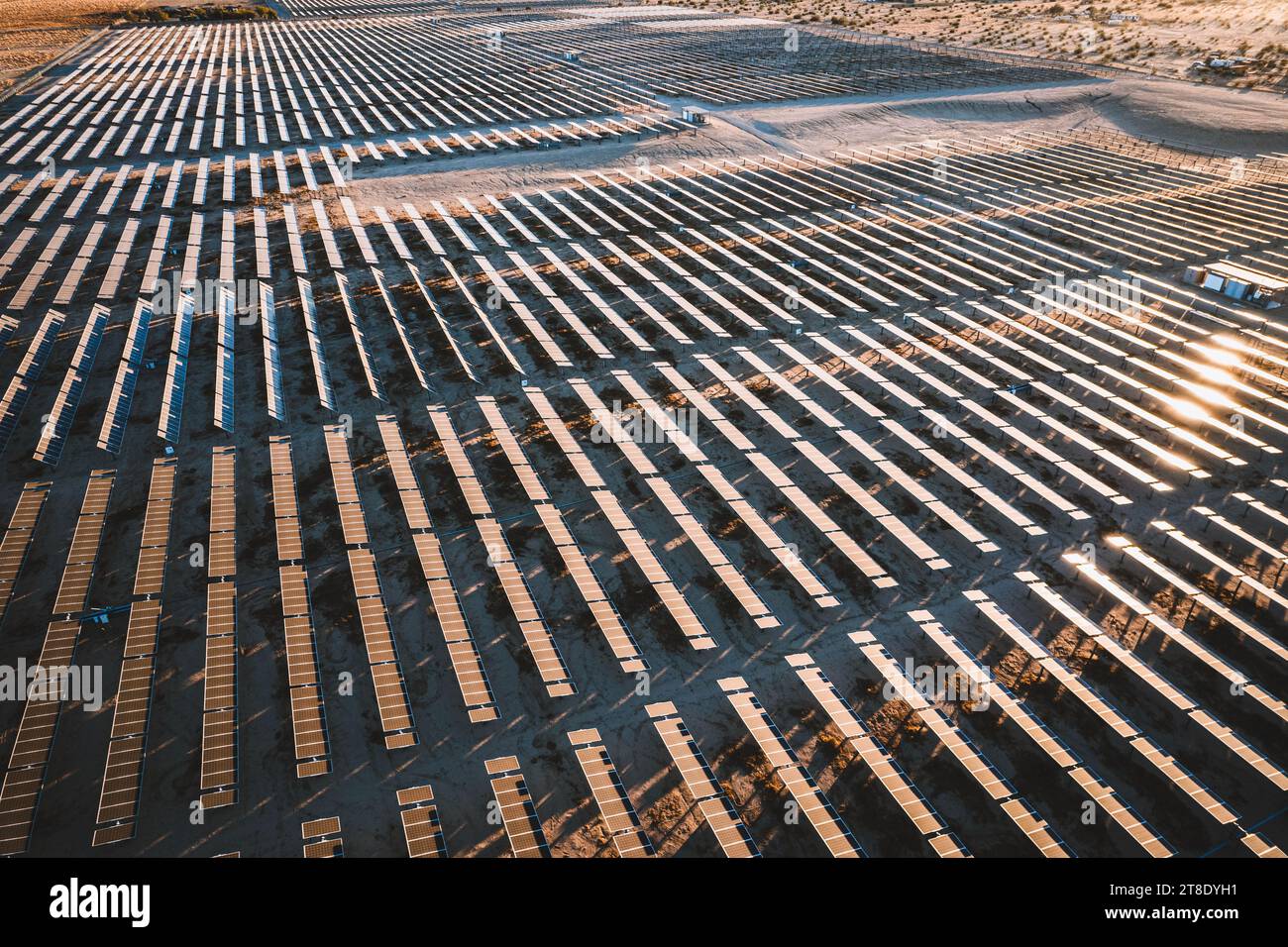 Aerial view of industrial sized solar panel farm, California desert ...