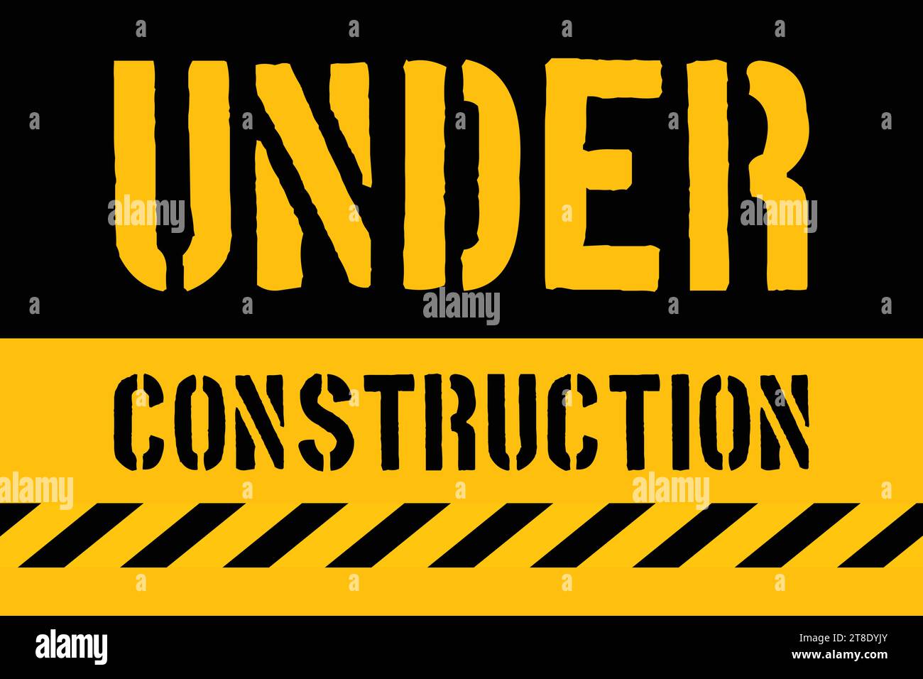 Under construction warning sign text with yellow black stripes painted over concrete wall cement ...