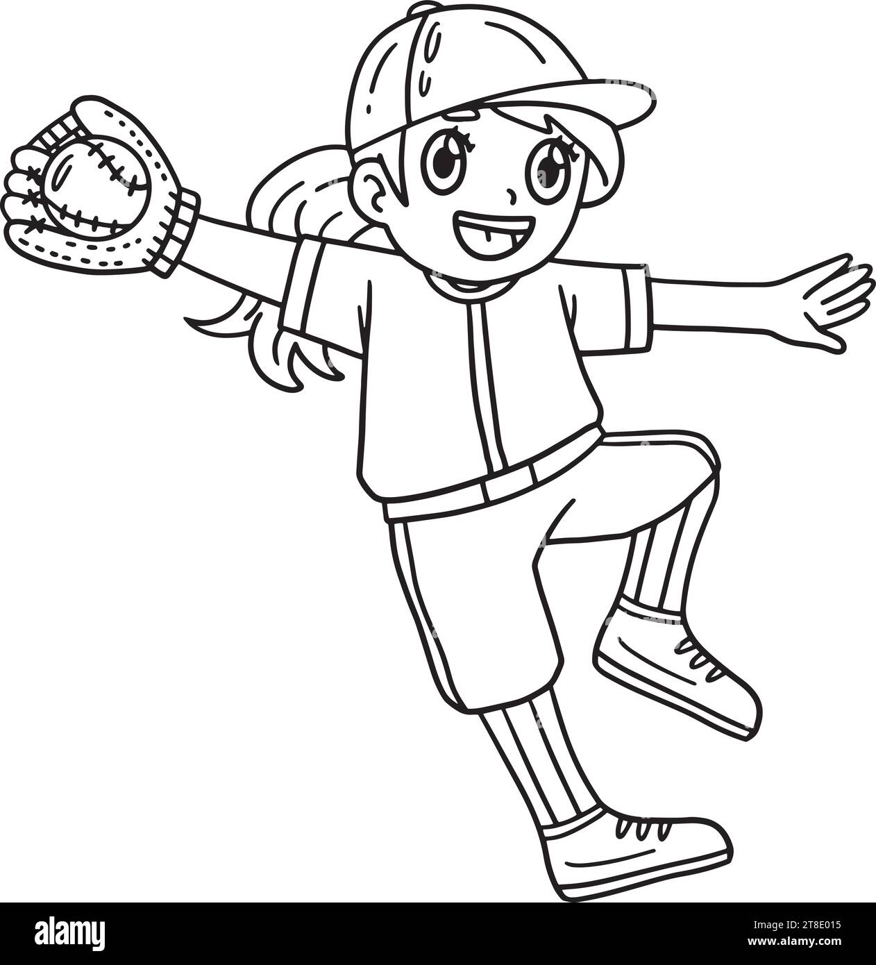 Girl Catching Baseball Isolated Coloring Page Stock Vector Image & Art ...