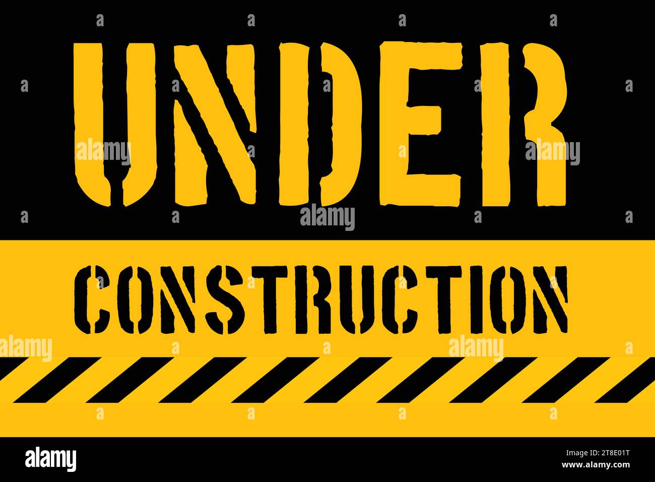 Under construction warning sign text with yellow black stripes painted ...