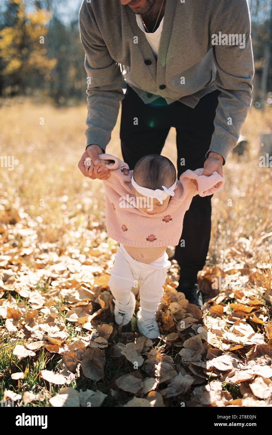 Dad helping baby girl wearing neutral clothing to walk in fall leaves ...