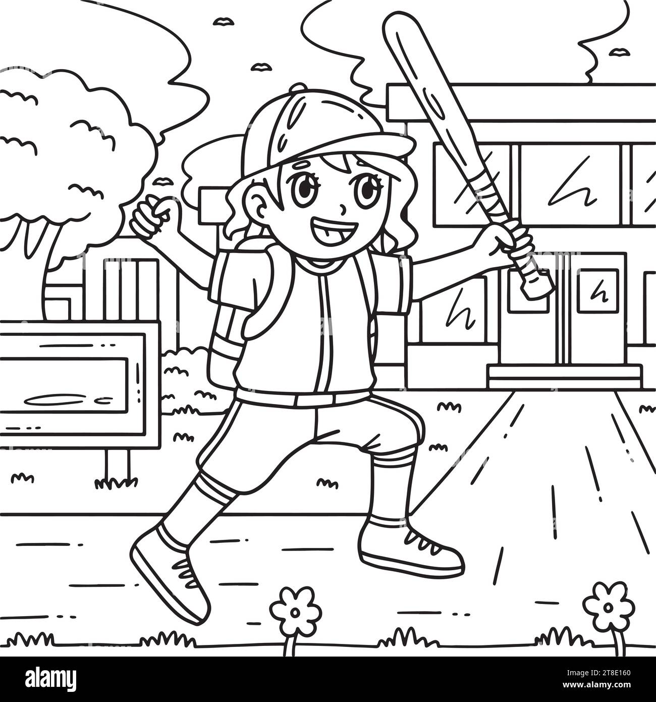 Girl with a School Bag and Baseball Bat Coloring Stock Vector Image ...