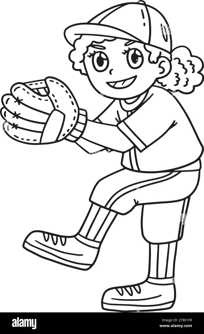Girl Pitching Baseball Isolated Coloring Page Stock Vector Image & Art ...
