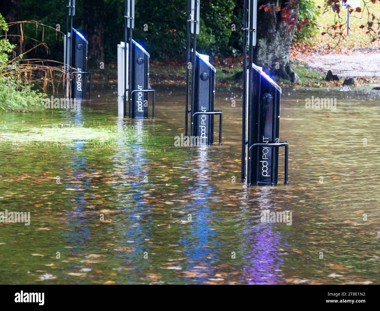 Electric car charging points in flooding in Ambleside, Lake District ...