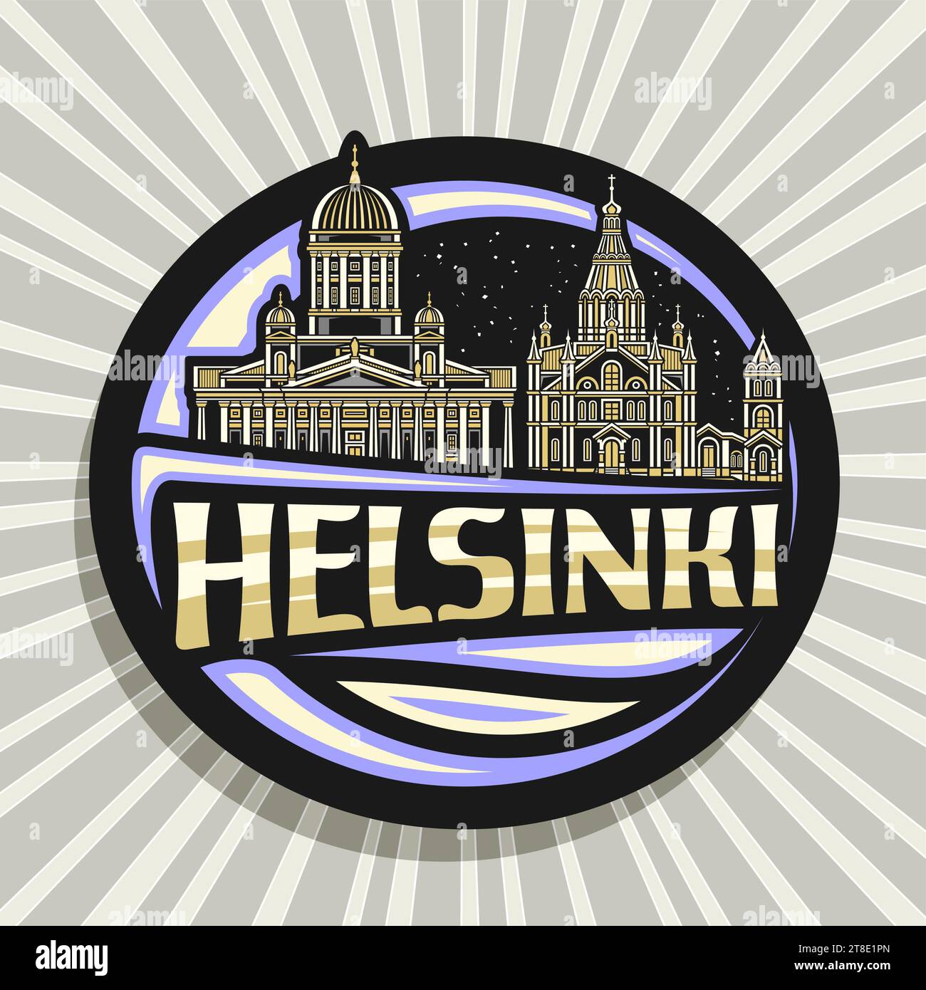 Vector logo for Helsinki, dark decorative label with illustration of ...