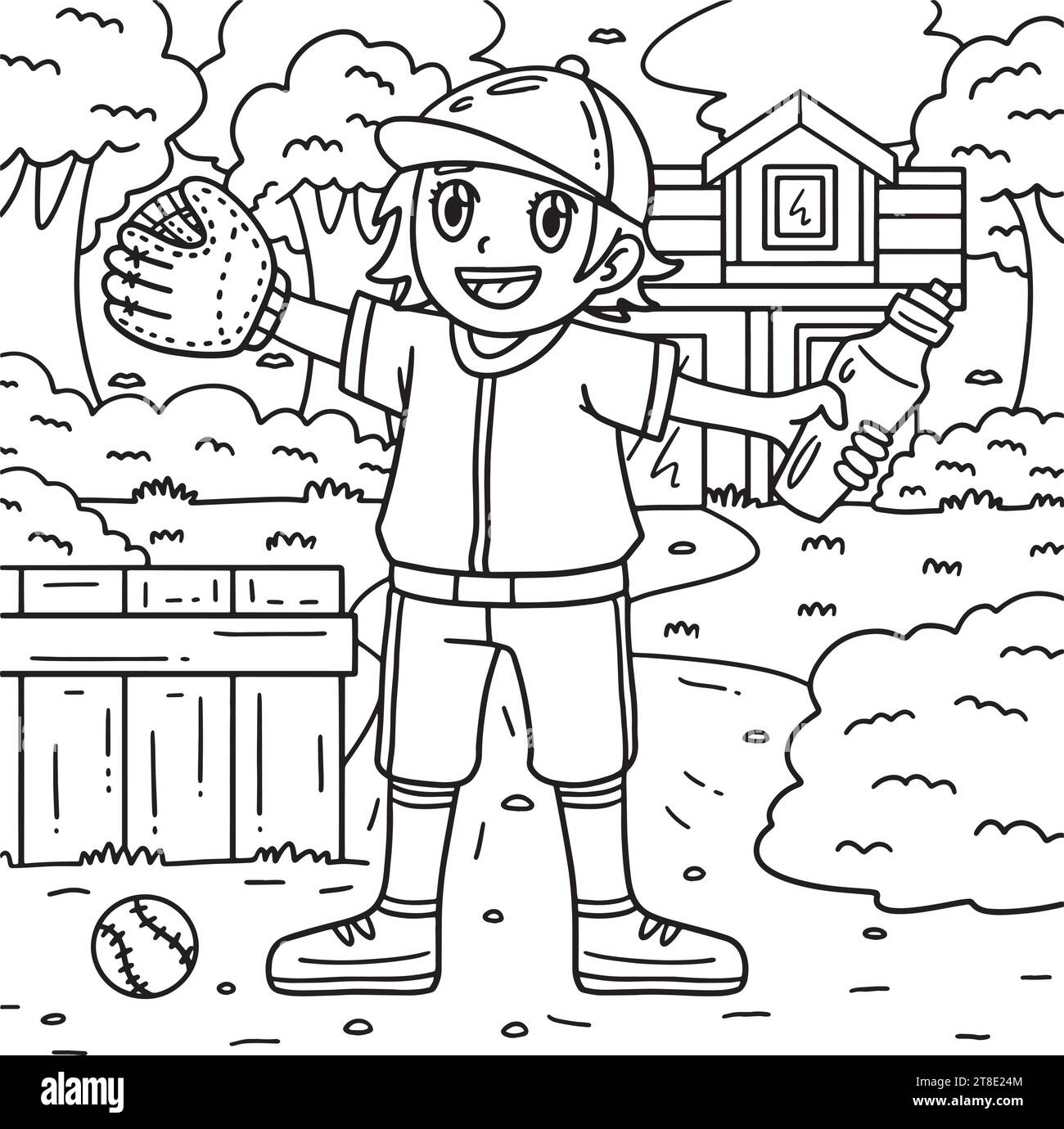 Baseball Girl with a Water Bottle Coloring Page Stock Vector Image ...