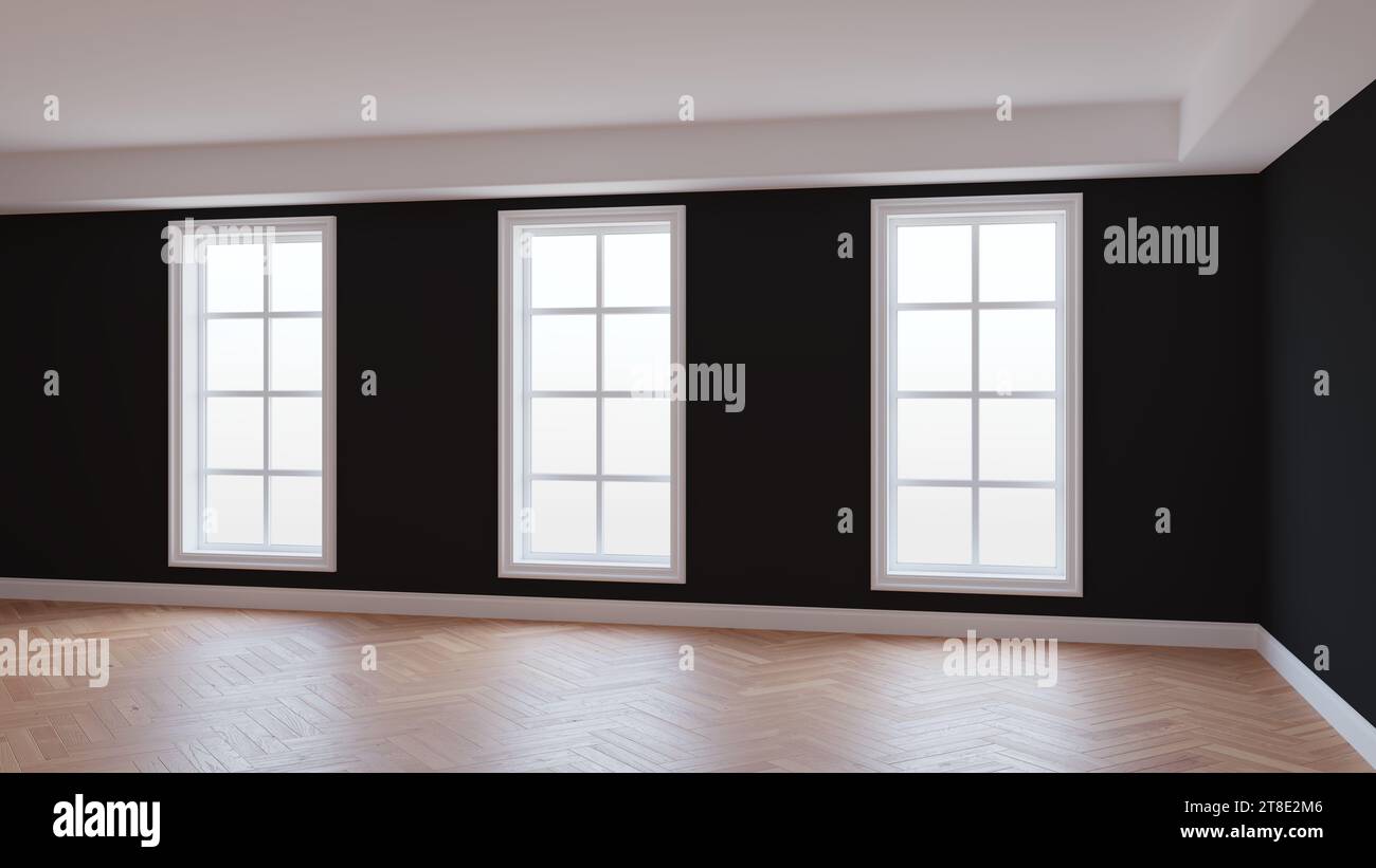 Interior with Black Walls, Three Large Windows, Light Glossy ...