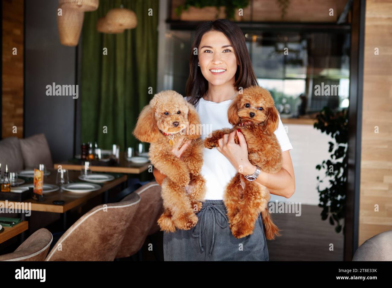Beautiful woman with two dogs in restaurant. Portrait of female model ...