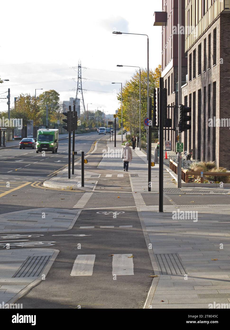 Newly remodelled pavement and cycle path on Forest Road, North London ...