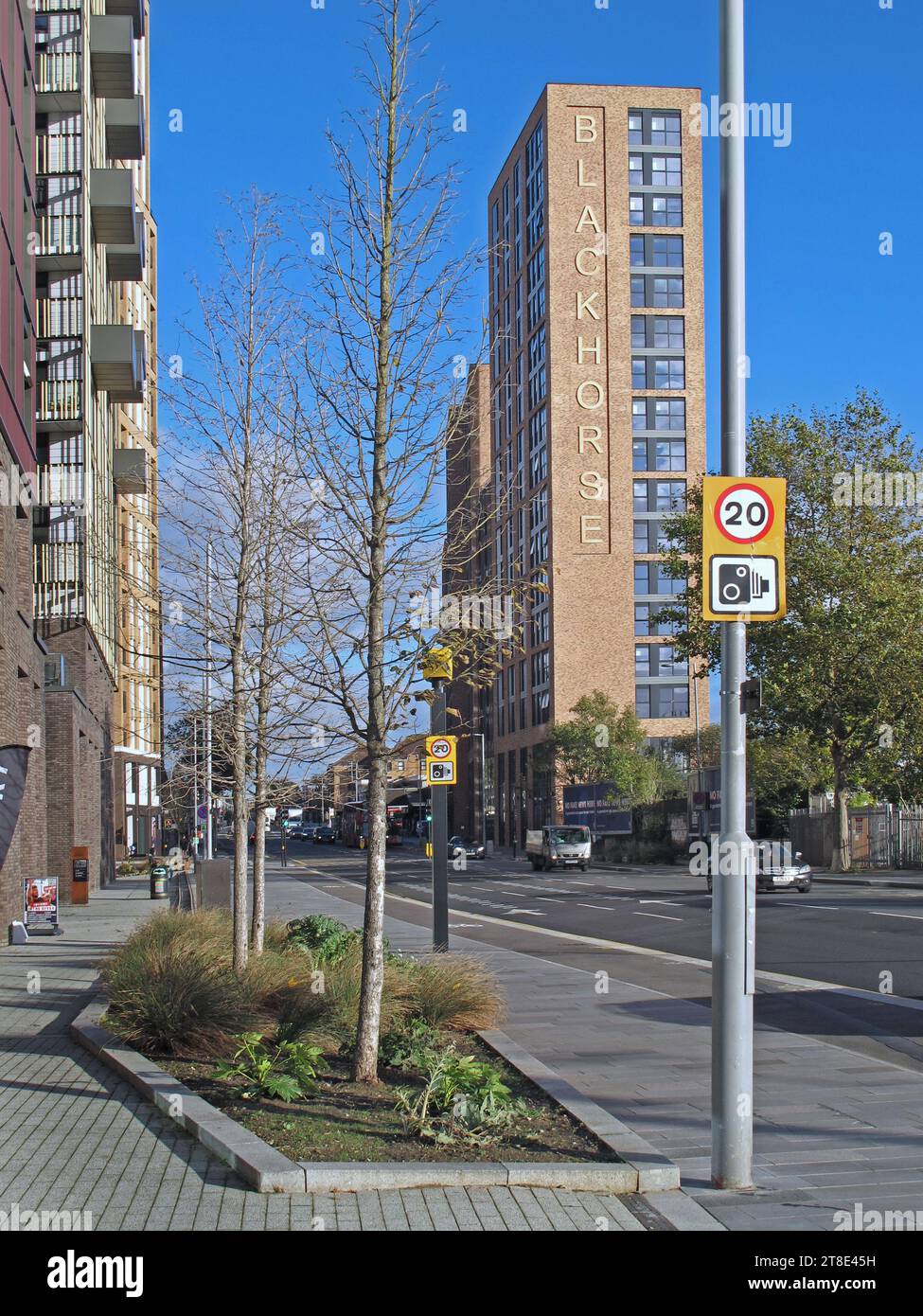 Newly remodelled pavement and cycle path on Forest Road, North London ...