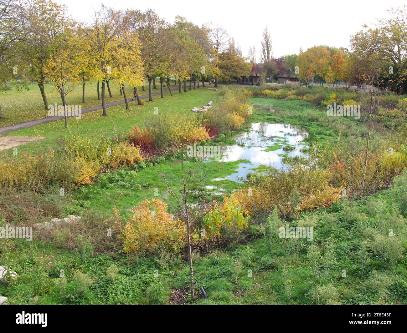 Flood mitigation scheme in Memorial Park, Chingford, London, UK. A ...