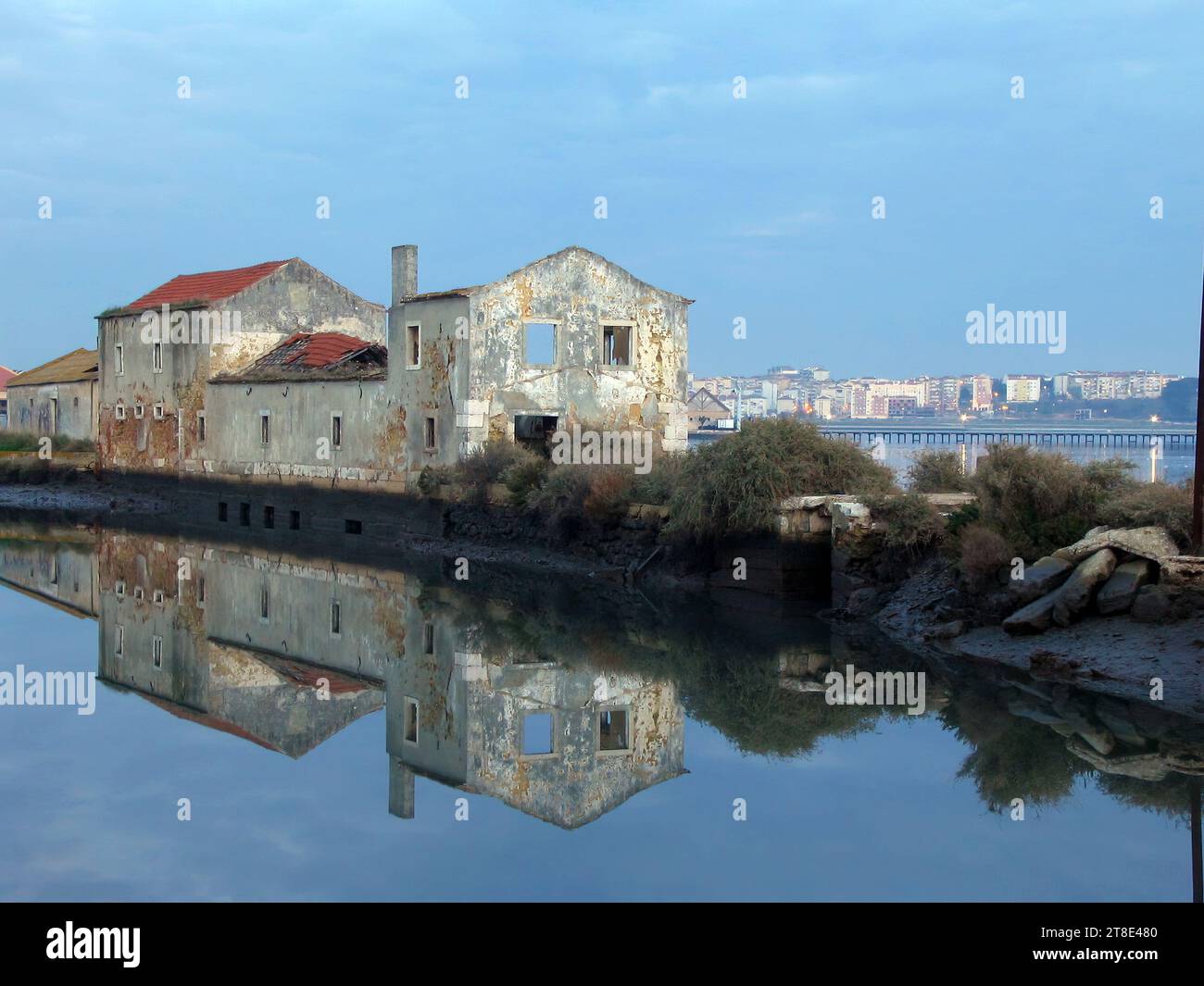 Old ruined Tide Mill and water mirror at Seixal Bay. Being centuries ...
