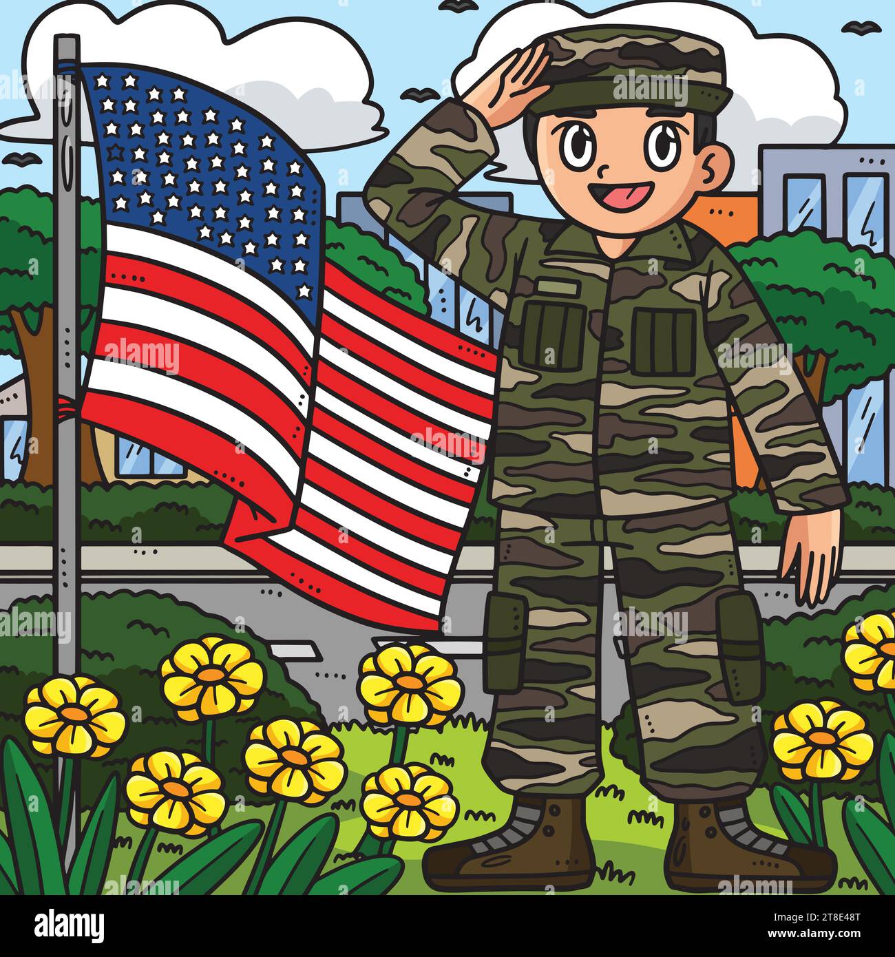 Memorial Day Saluting Soldier Colored Cartoon Stock Vector Image & Art ...