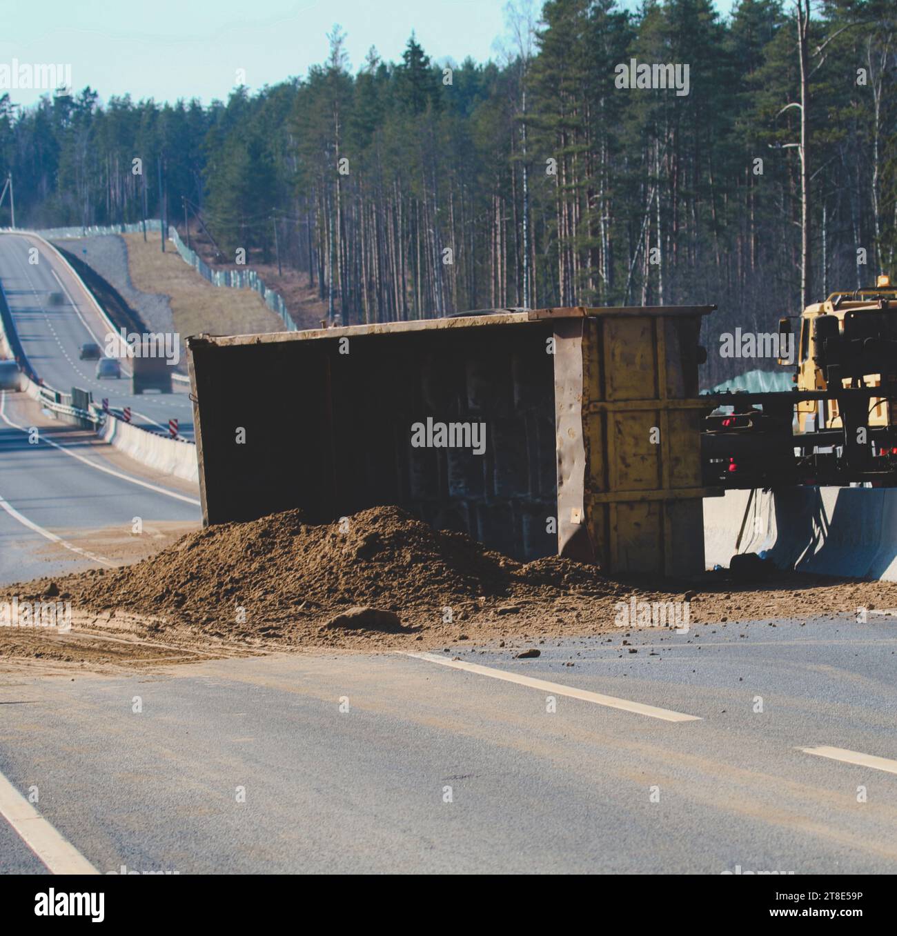 Traffic accident on the highway. The dump truck broke through the ...