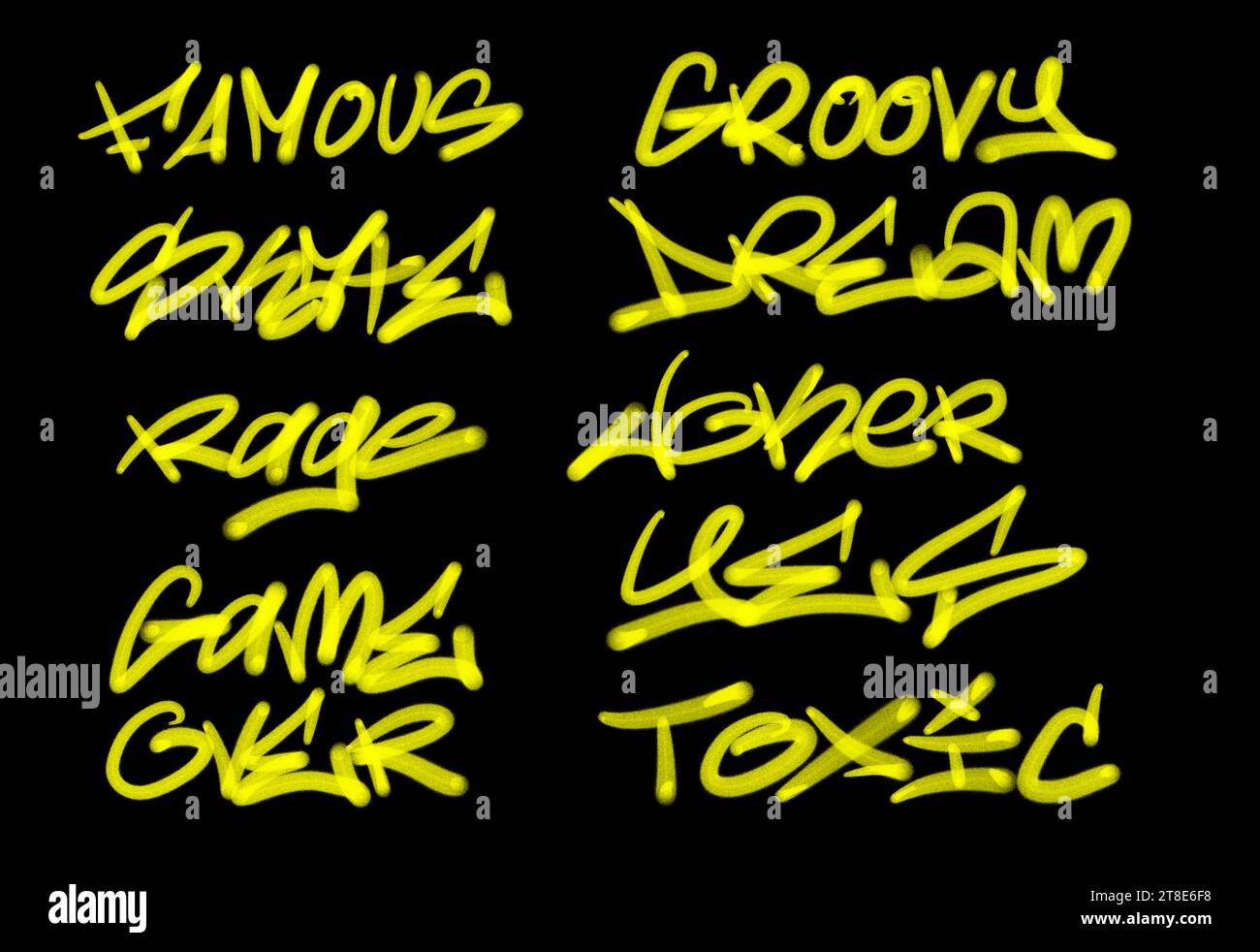 Collection of graffiti street art tags with words and symbols in yellow ...