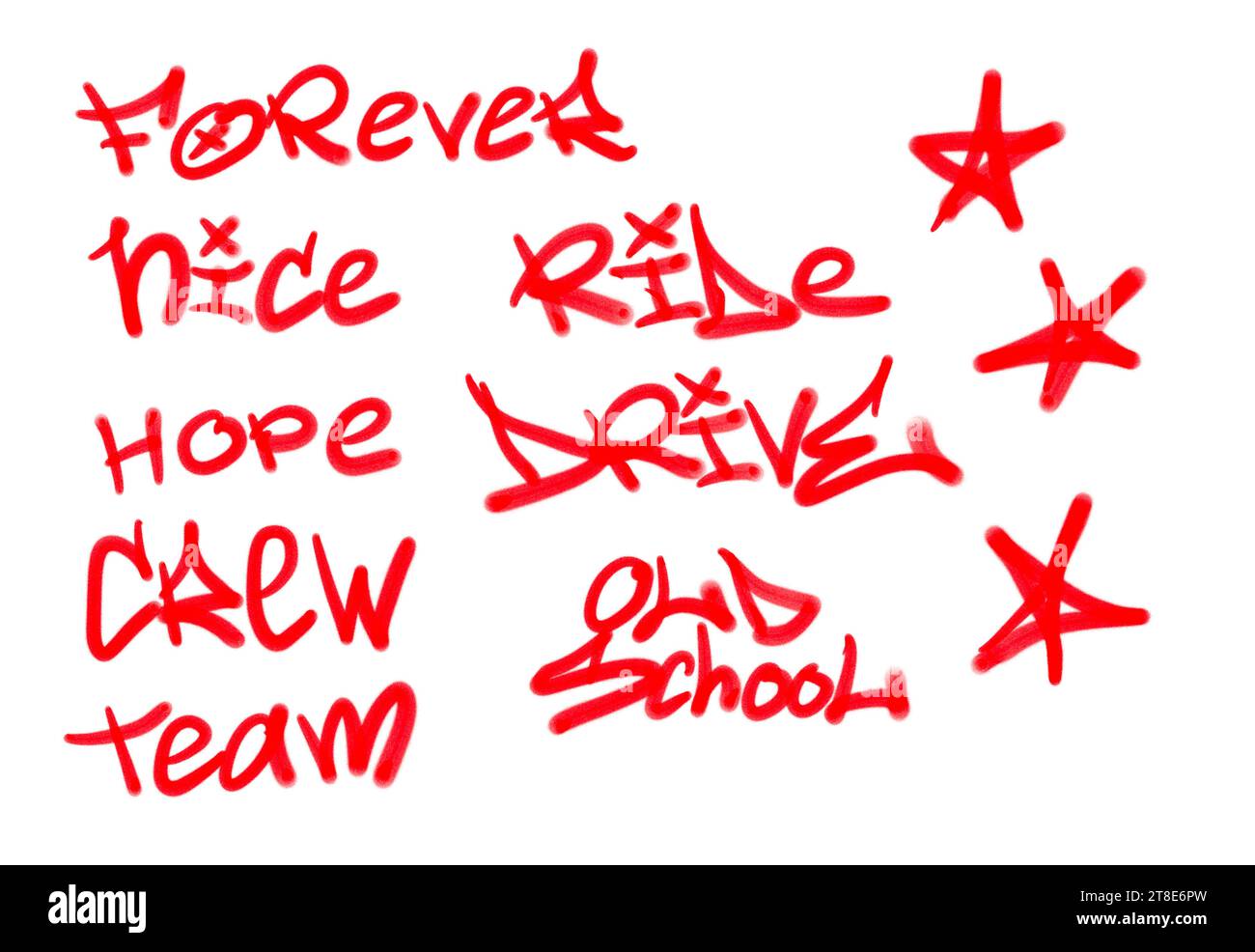 Collection of graffiti street art tags with words and symbols in red ...