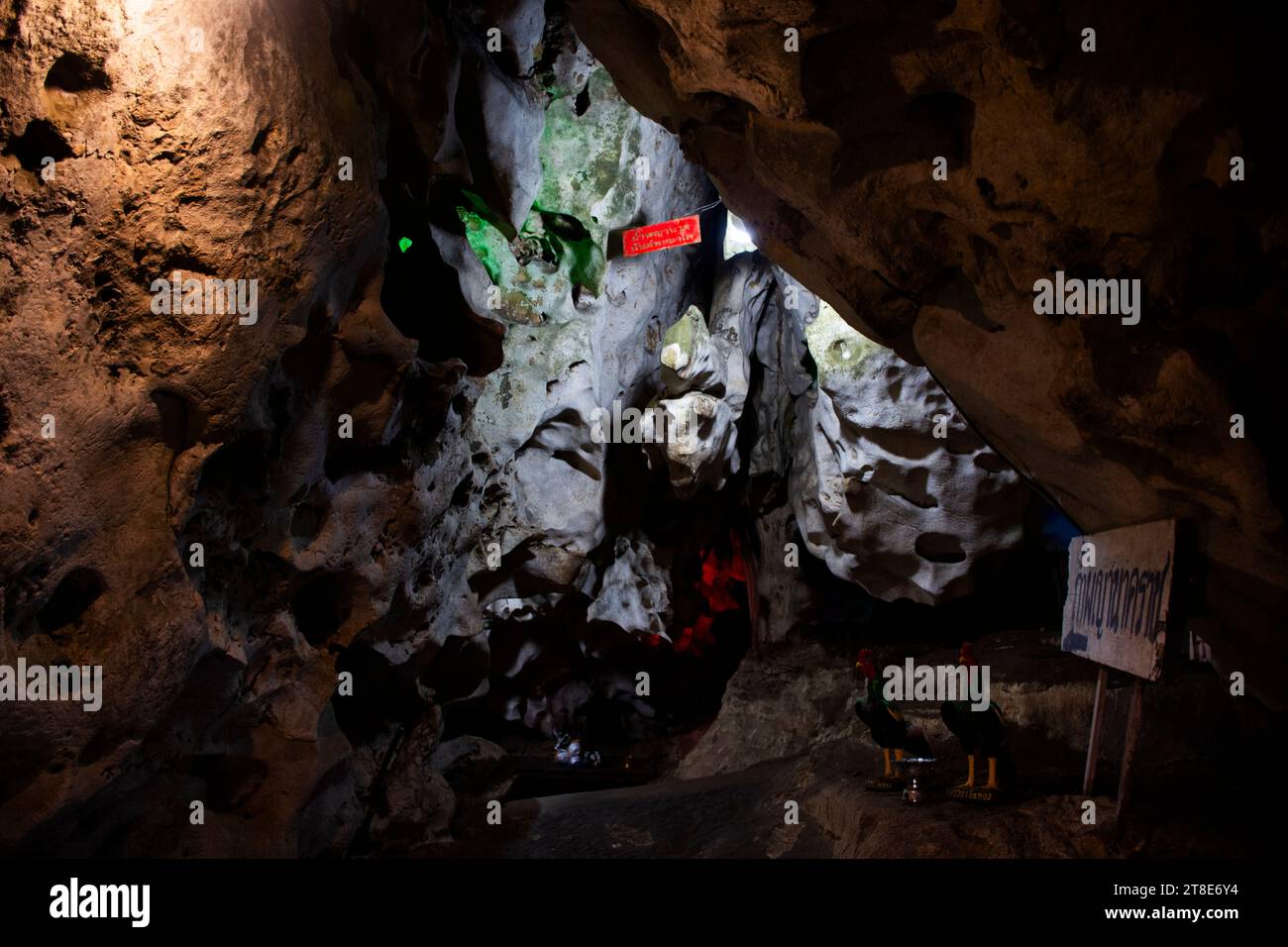 Interior inside cavern of Wat Tham Nam or Water Cave Temple for thai ...