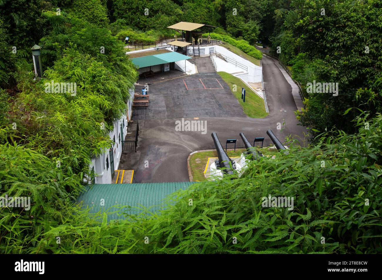 Aerial wide angle view of Fort Siloso Parade Square, a historic ...