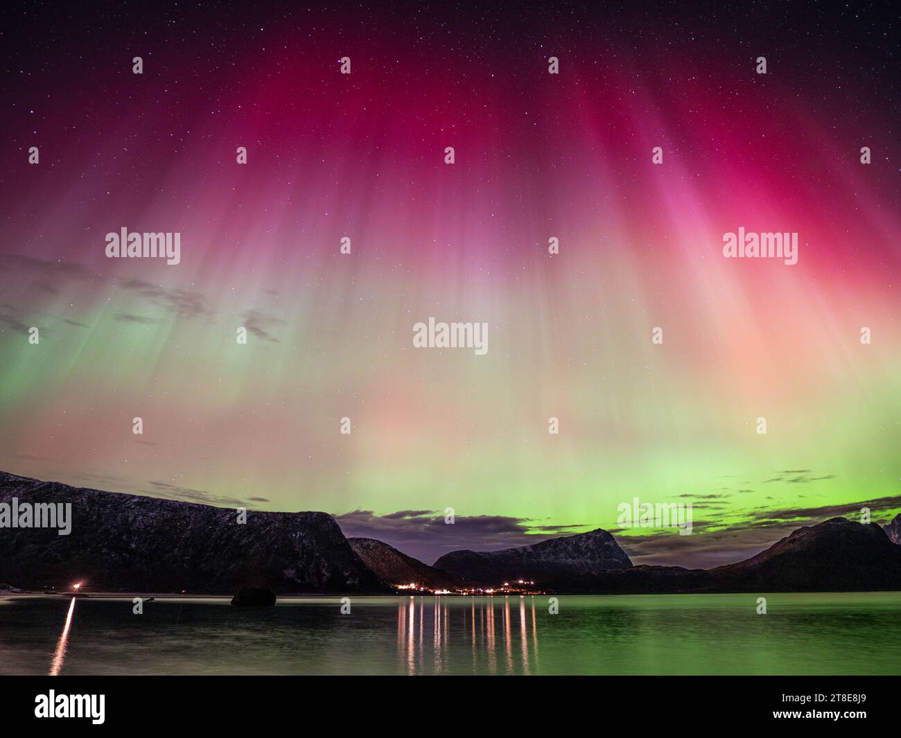 Intense rays of aurora borealis (northern lights) over Lofoten, Norway ...